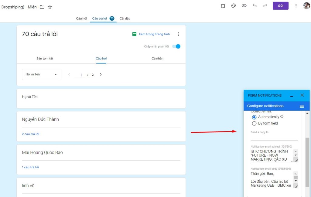 Cấu hình tự động gửi email khi dùng Google Form